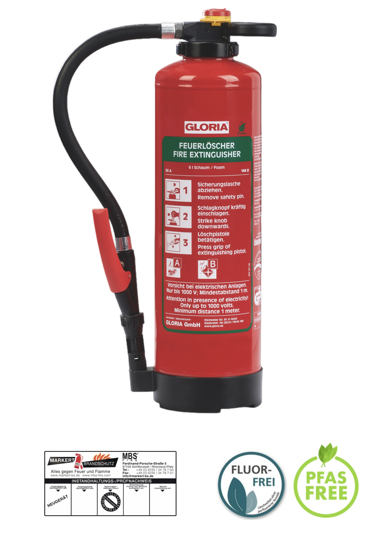 Gloria SKA+6PRO 6l fluorfreier Schaum Feuerlöscher + Plakette Fluorfrei, 10LE (Schaummittel ...
